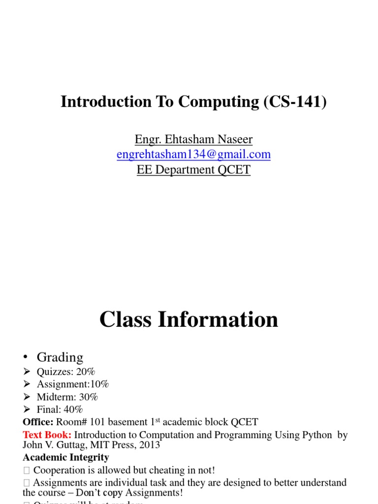Introduction To Computing (CS-141) : Engr. Ehtasham Naseer EE ...