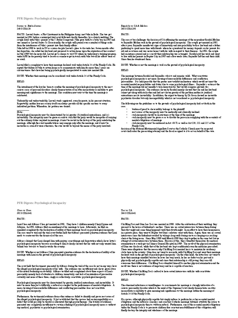 PFR Digests - Psychological Incapacity | PDF | Marriage | Burden Of ...