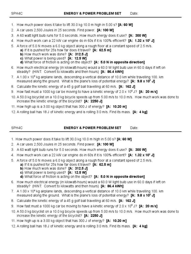 10-Energy & Power Problem Set | PDF | Watt | Kilowatt Hour