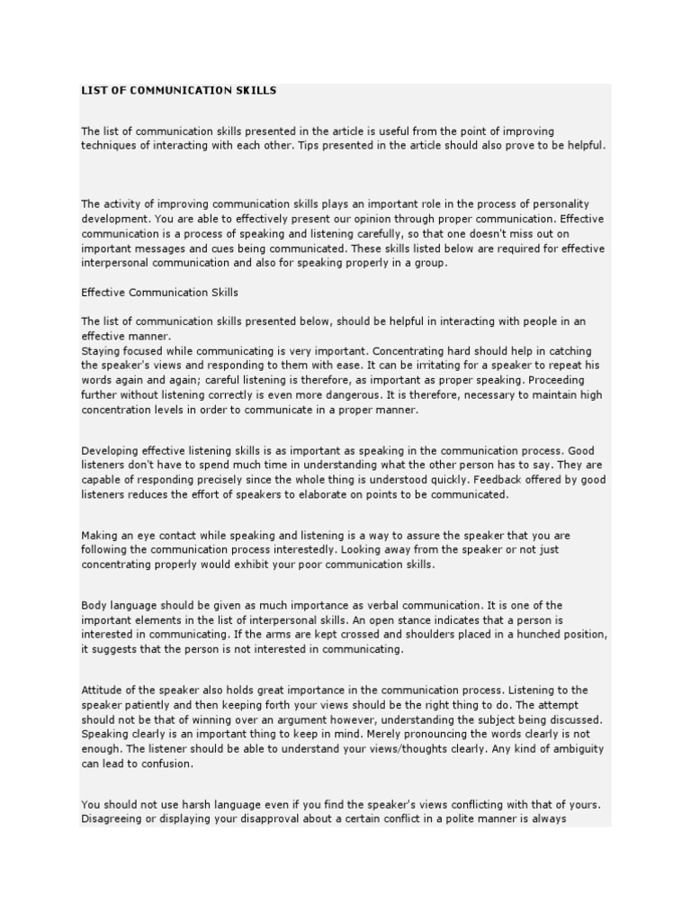 List of Communication Skills | PDF | Mind | Communication