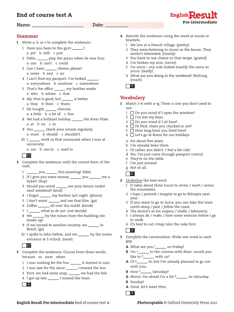 Pre Intend of Course Test A | PDF | Nairobi | Lunch