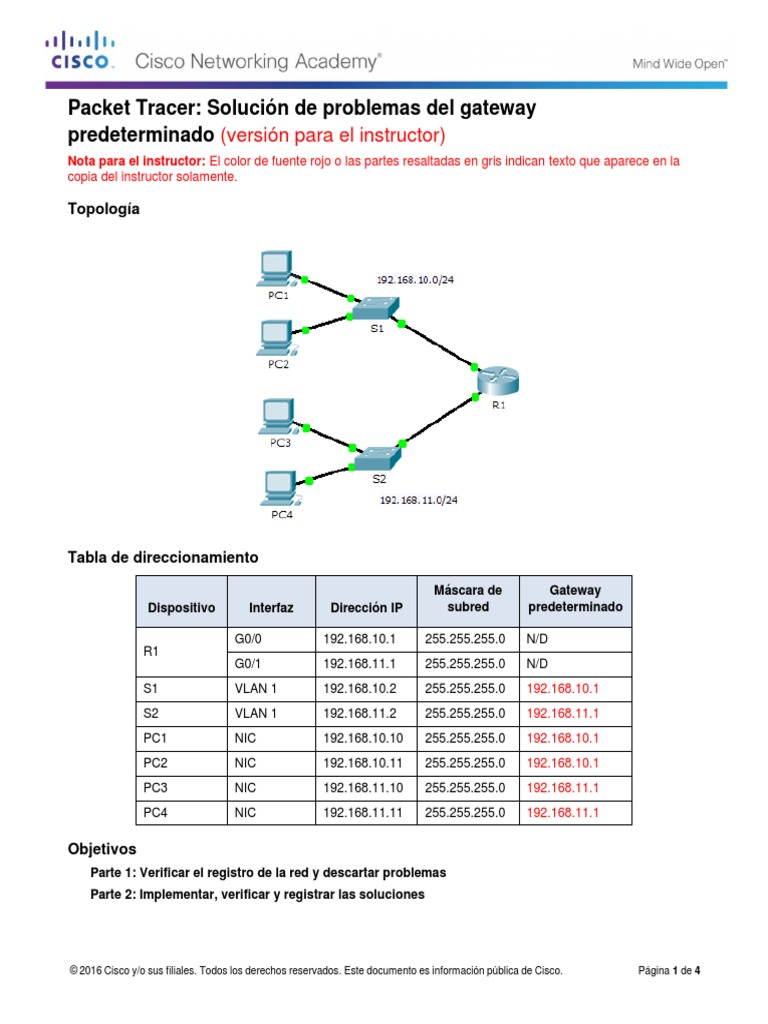 6.4.3.4 Packet Tracer - Troubleshooting Default Gateway Issues - ILM | PDF | Gateway ...