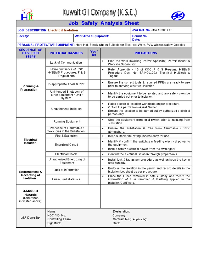 Job Safety Analysis Sheet: Electrical Isolation | PDF | Personal ...