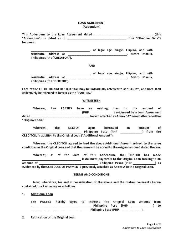 Loan Agreement Addendum Template | PDF | Debtor | Loans