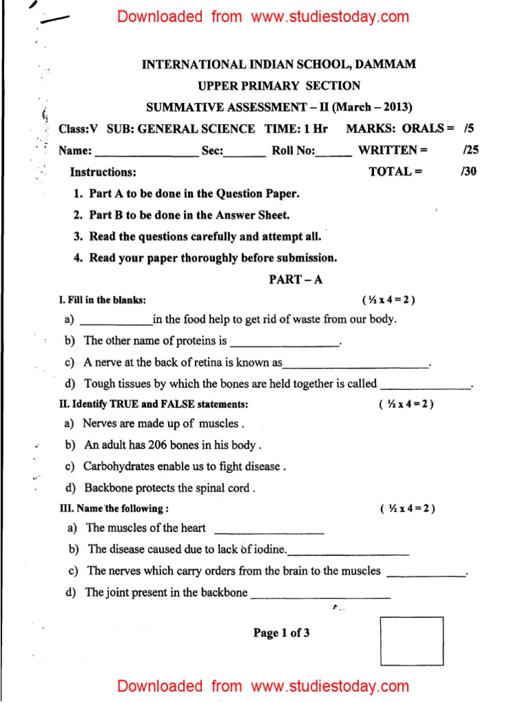CBSE Class 5 Science Question Paper SA2 2013 | PDF