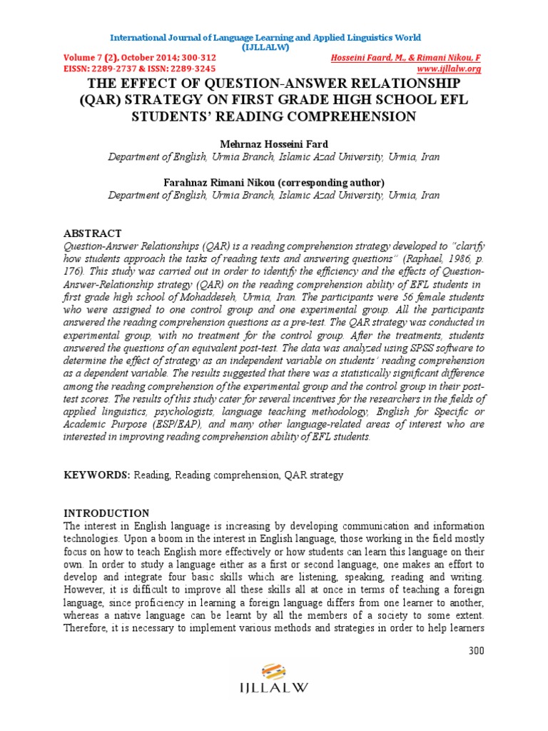 The Effect of Question-Answer Relationship (Qar) Strategy On First ...