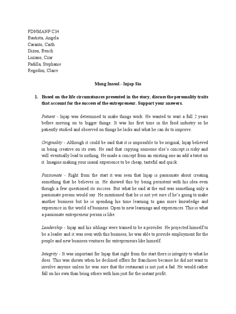 FDNMANP - Injap Sia (Mang Inasal) PDF | PDF | Entrepreneurship | Employment