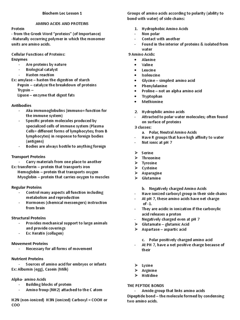 Biochem Lesson 1 | PDF | Amino Acid | Biomolecular Structure