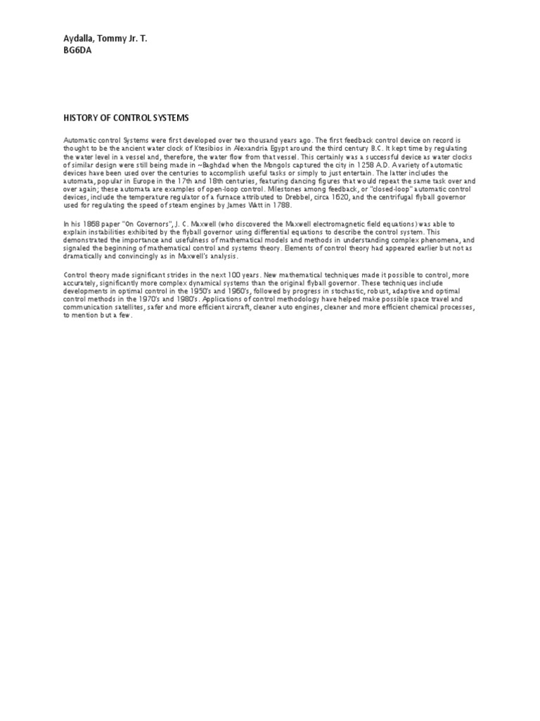 History of Control Systems Overview | PDF