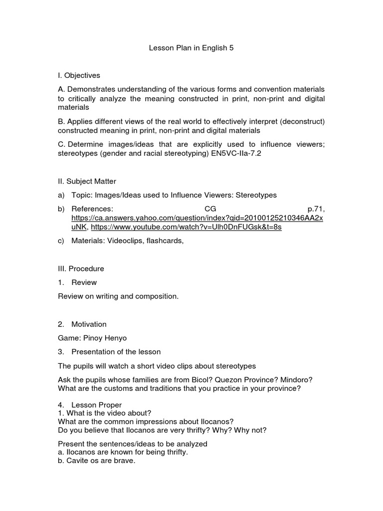 Lesson Plan in English Stereotypes | PDF | Stereotypes | Lesson Plan