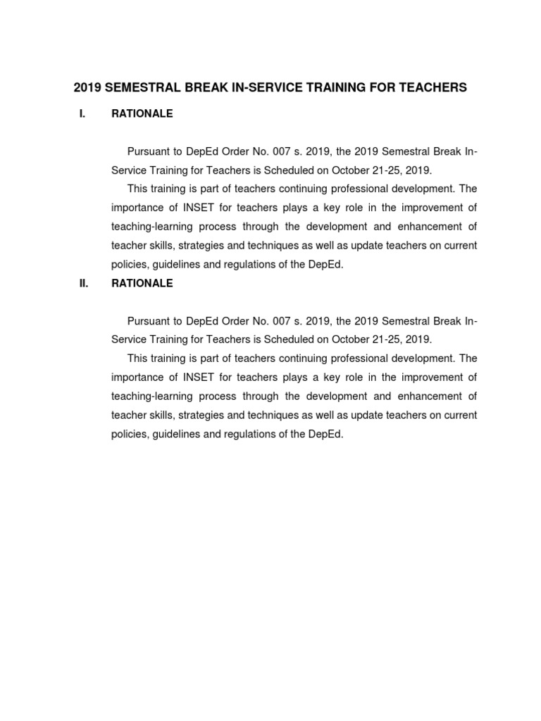 2019 Semestral Break In-Service Training For Teachers: I. Rationale | PDF