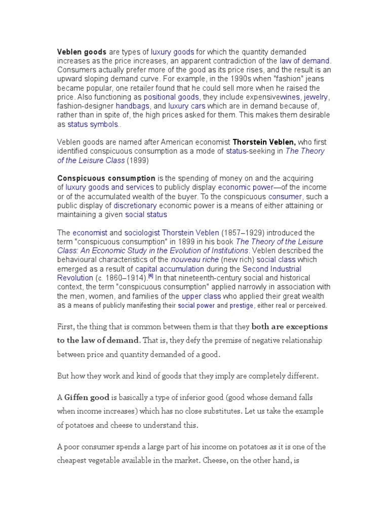 Veblen Goods Are Types Of: The Theory of The Leisure Class | PDF ...