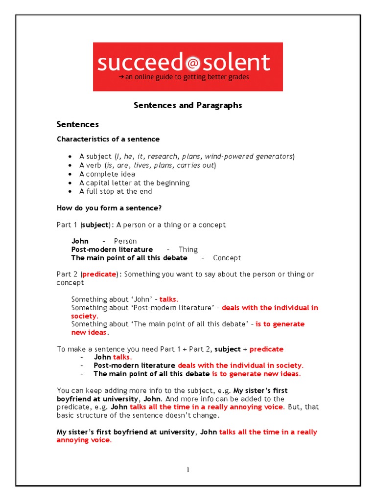 Microsoft Word - Sentences and Paragraphs Summary PDF | PDF | Paragraph ...