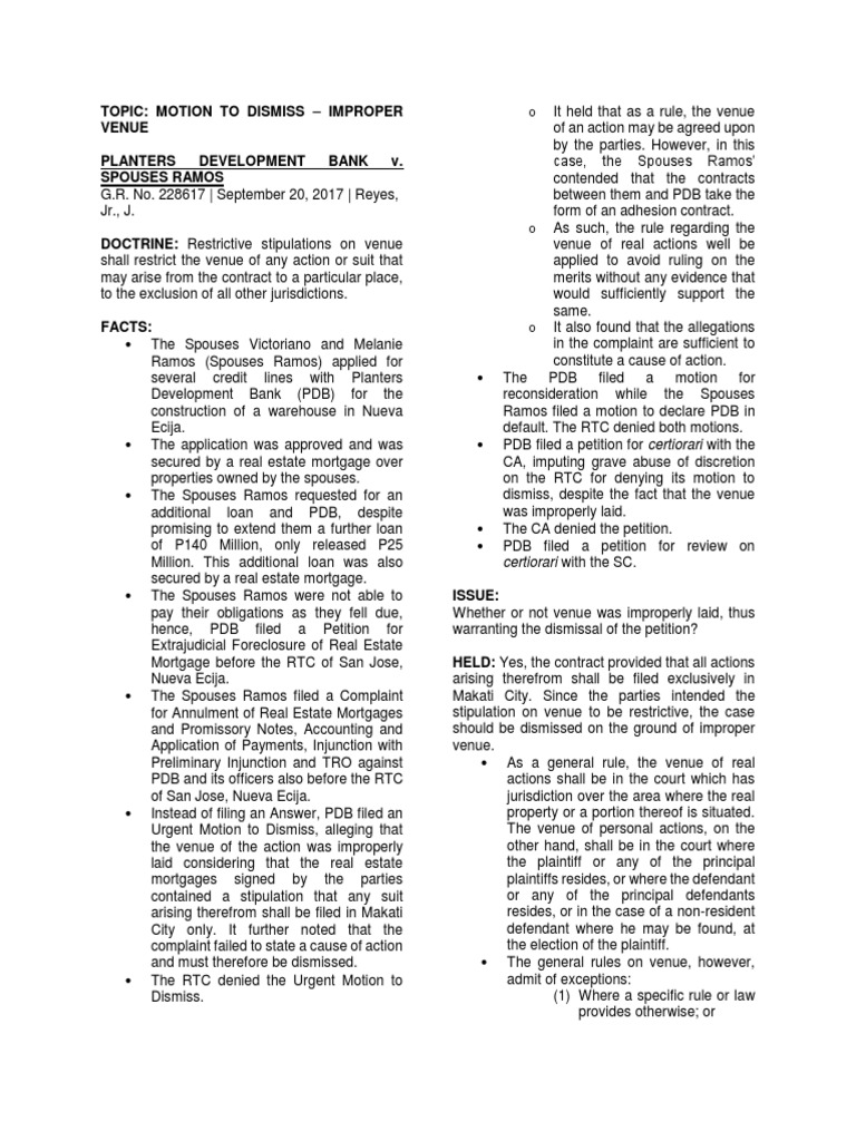 CALANTOC - Motion To Dismiss (Improper Venue) | PDF | Lawsuit | Complaint