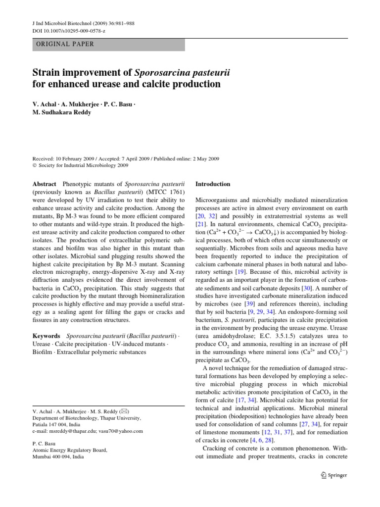 Strain Improvement of Sporosarcina Pasteurii For Enhanced Urease and ...