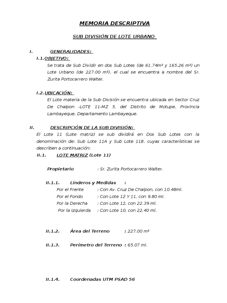 Subdivisión de un lote urbano en dos sublotes en el distrito de Motupe ...