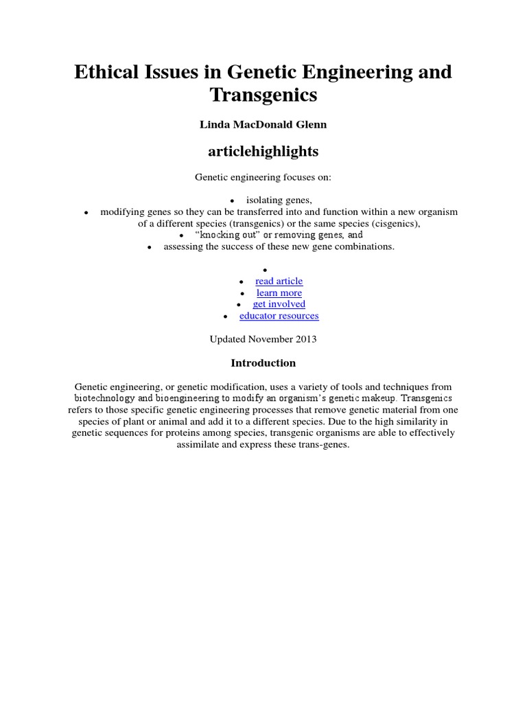 Ethical Issues in Genetic Engineering and Transgenics | PDF | Transgene ...