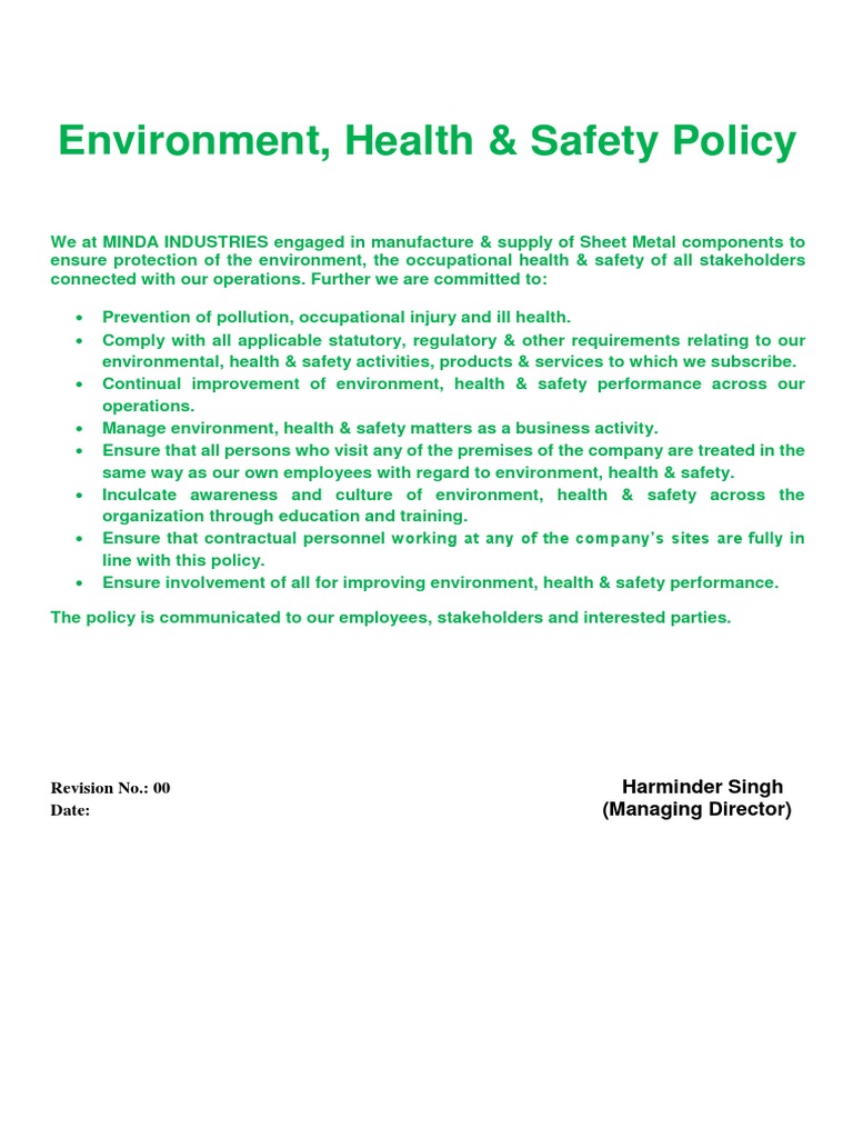 Environment, Health & Safety Policy: Revision No.: 00 Date | PDF