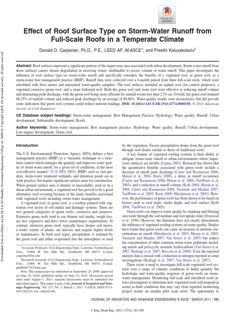 Effect of Roof Surface Type On Storm-Water Runoff From Full-Scale Roofs ...
