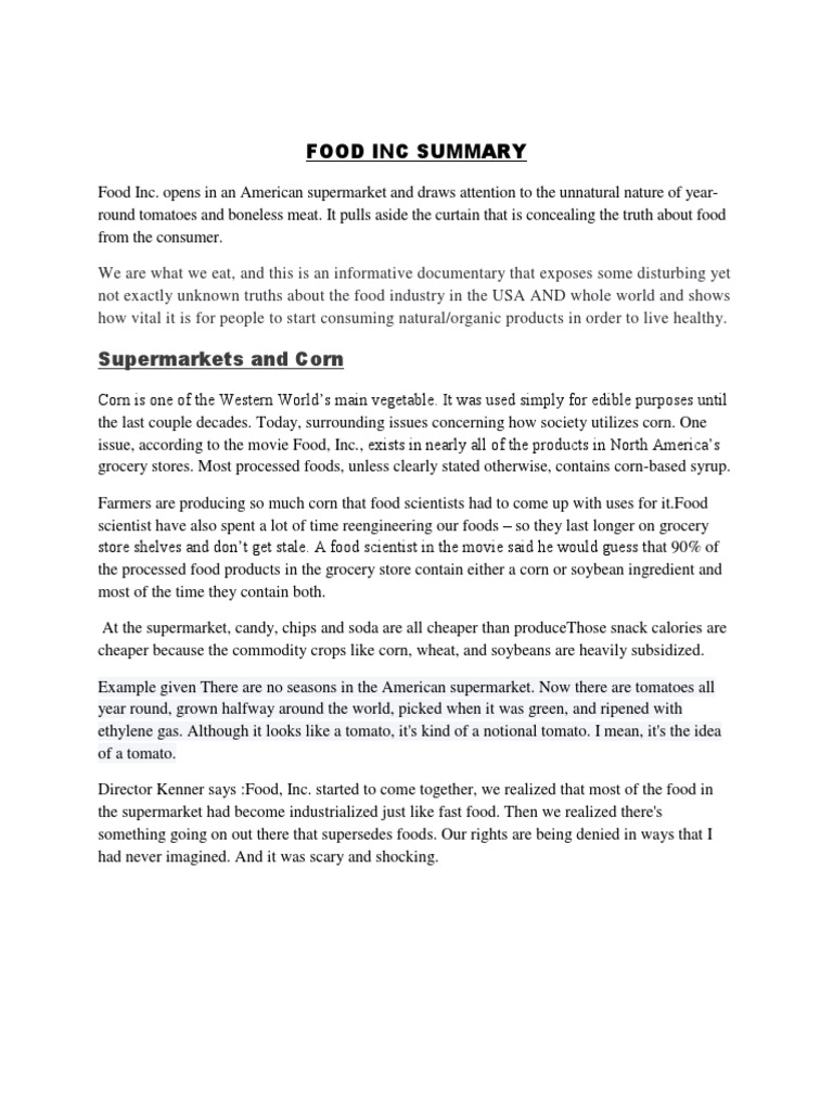 Food Inc Summary: Supermarkets and Corn | PDF | Meat | Wheat