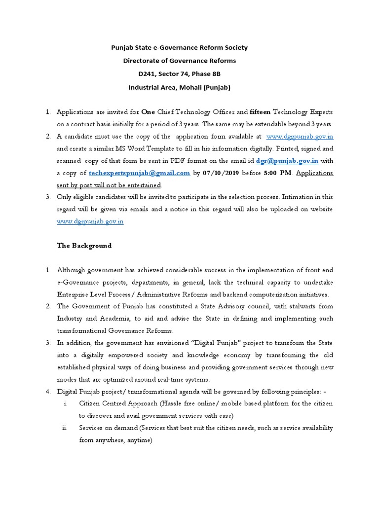 Punjab State E-Governance Reform Society Directorate of Governance Reforms D241, Sector 74 ...