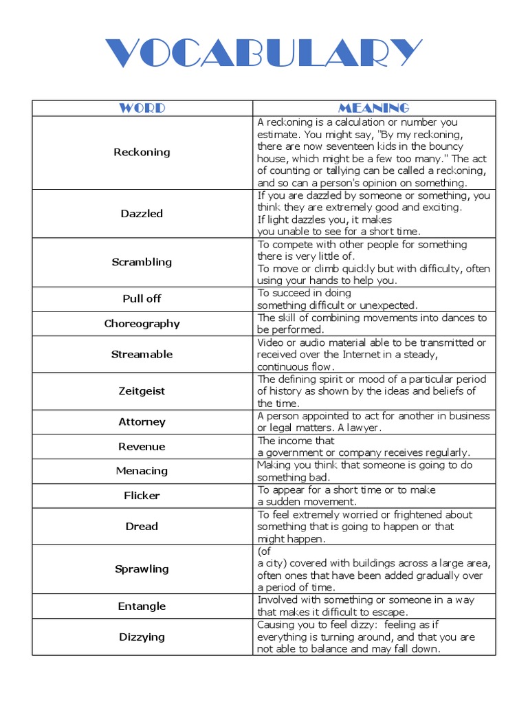 Vocabulary Definitions and Meanings | PDF