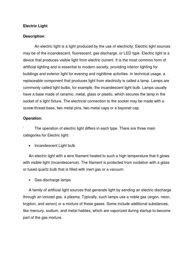 Electric Light: Types, Operation & Applications in 40 Characters | PDF ...