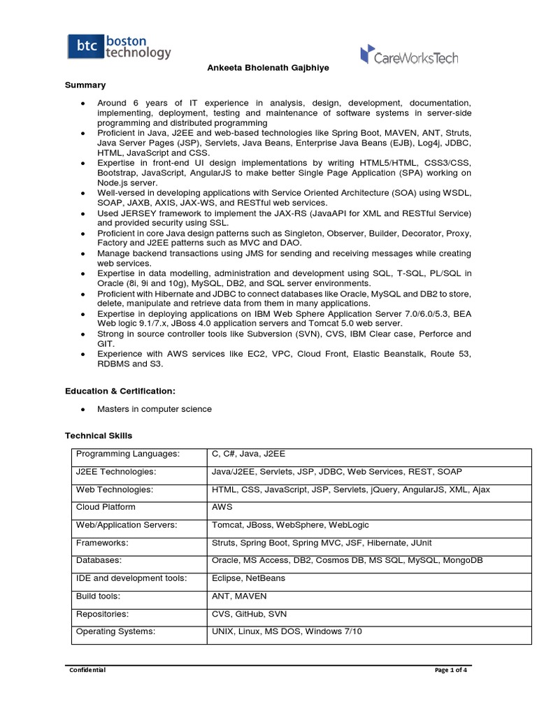 Java Resume | Download Free PDF | Spring Framework | Web Service