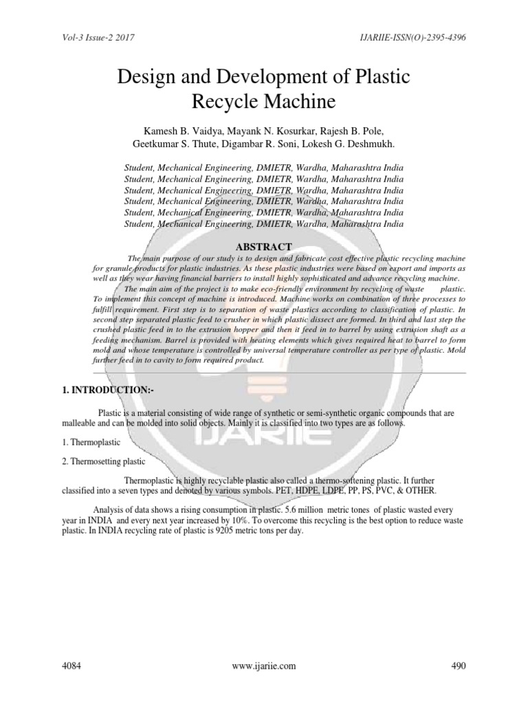 Design and Development of Plastic Recycle Machine Ijariie4084 | PDF ...