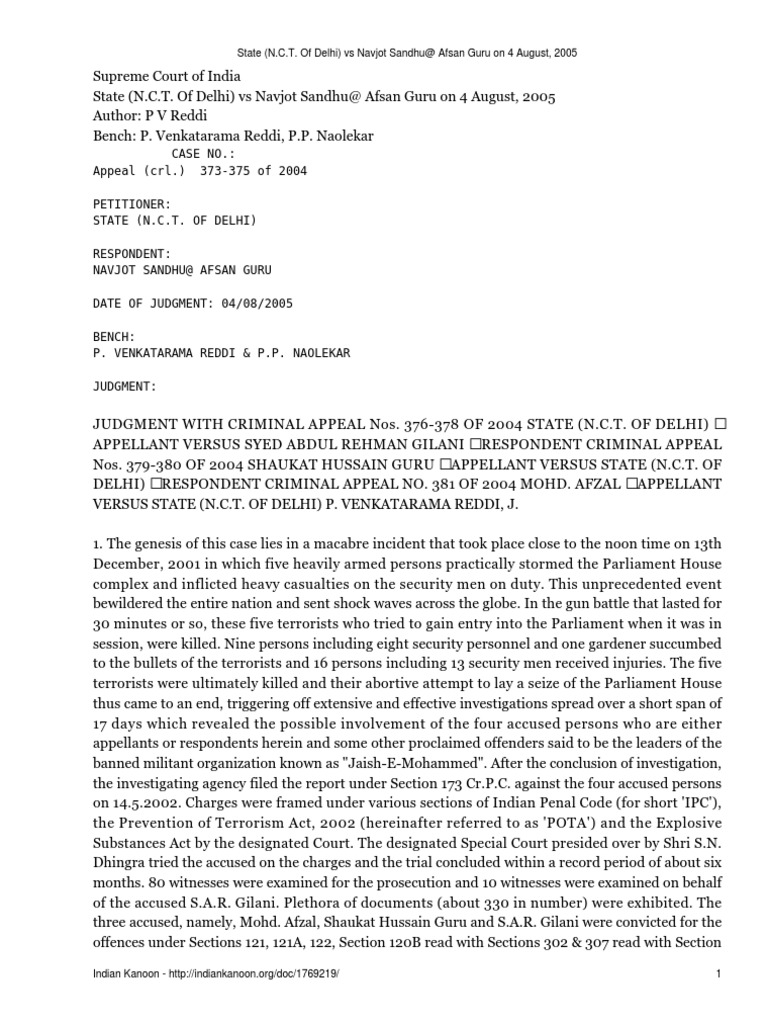 State (N.C.T. of Delhi) Vs Navjot Sandhu@ Afsan Guru On 4 August, 2005 ...