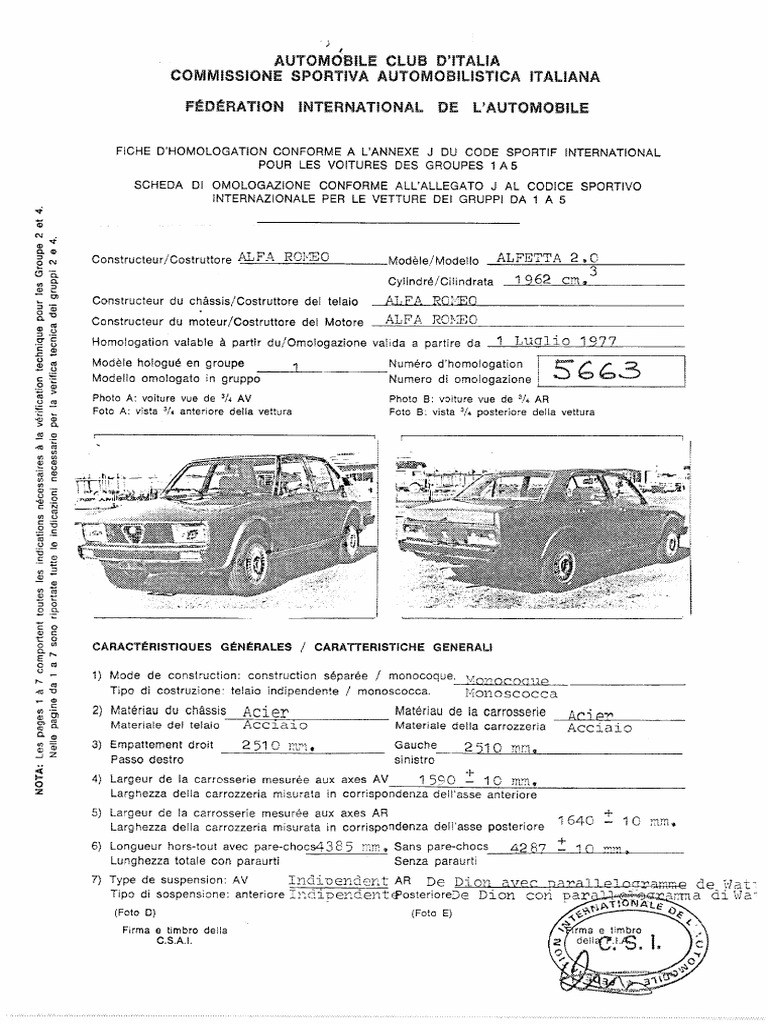 Homologation Form Number 5663 Group 1 | PDF