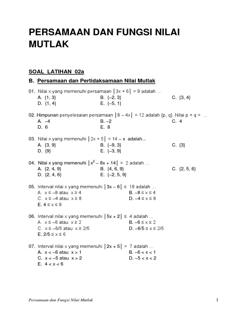 Persamaan dan Pertidaksamaan Nilai Mutlak | PDF | Sains & Matematika ...