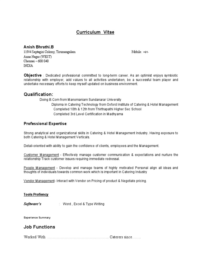 Anish Bhrathi's CV: Catering & Hotel Management Expertise | PDF