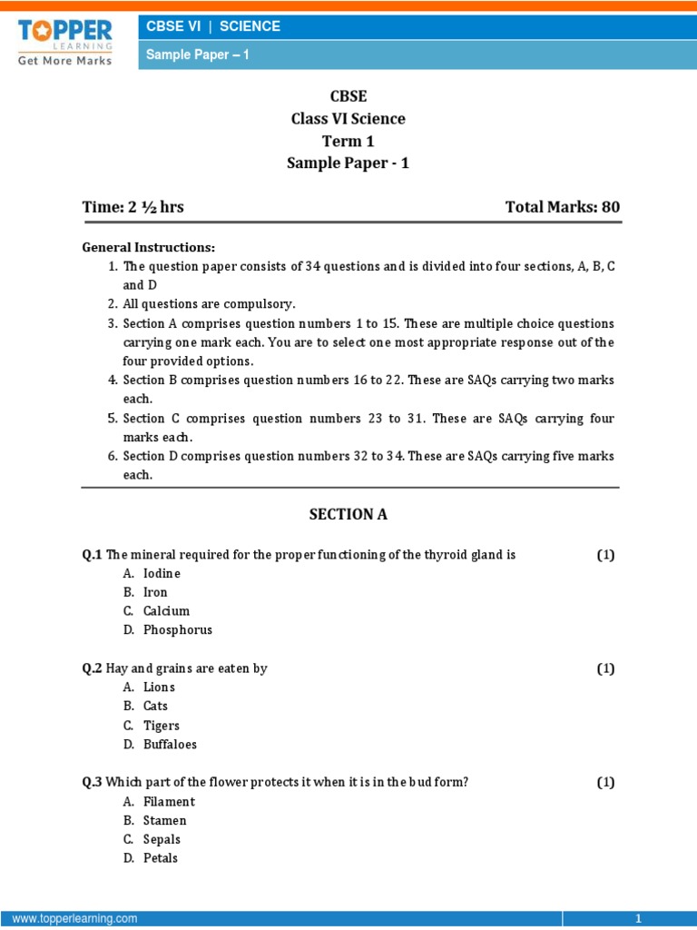 Cbse Class VI Science Term 1 Sample Paper - 1 Time: 2 Hrs Total Marks ...