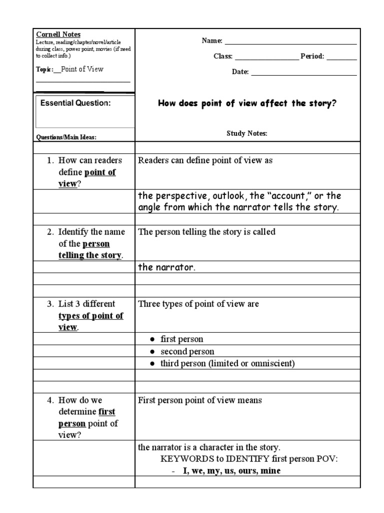 Point of View Cornell Notes Answer Key | Download Free PDF | Narration