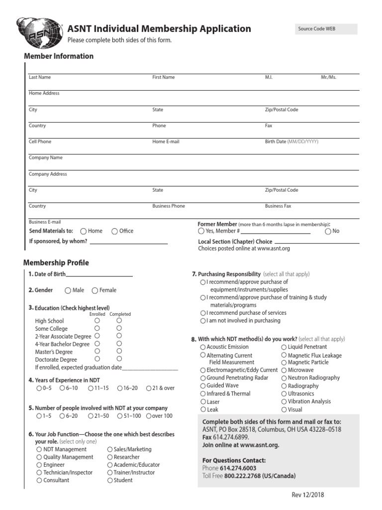 ASNT Individual Membership Application: Member Information | PDF ...