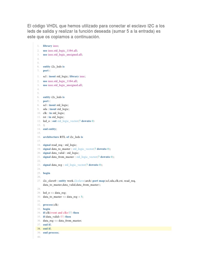 El Código VHDL Que Hemos Utilizado para Conectar El Esclavo I2C A Los Leds de Salida y Realizar ...