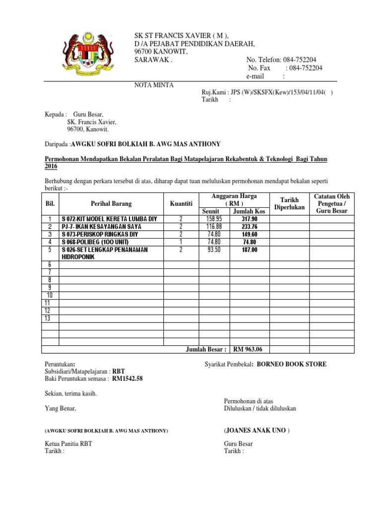 Nota Minta RBT 2016 | PDF