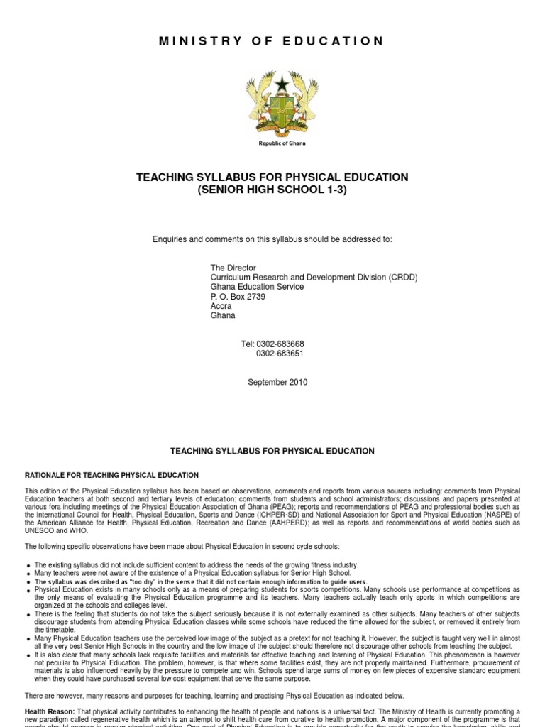 Ministry of Education: Teaching Syllabus For Physical Education (Senior ...