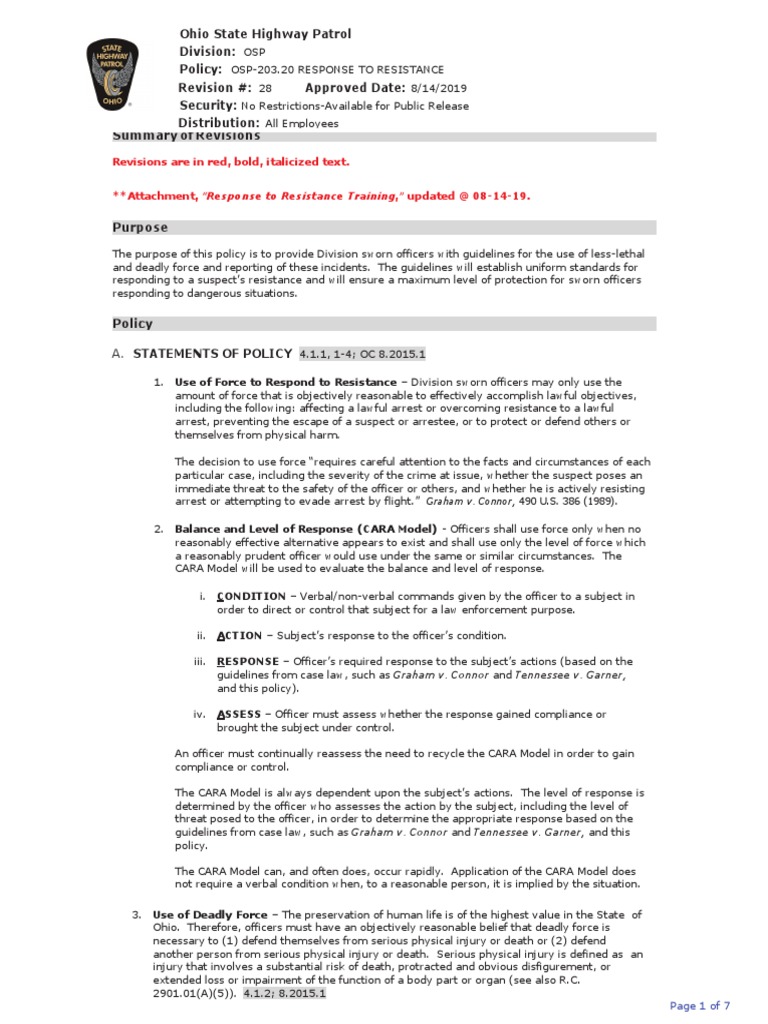 OSHP Use of Force Policy | PDF | Handcuffs | Deadly Force