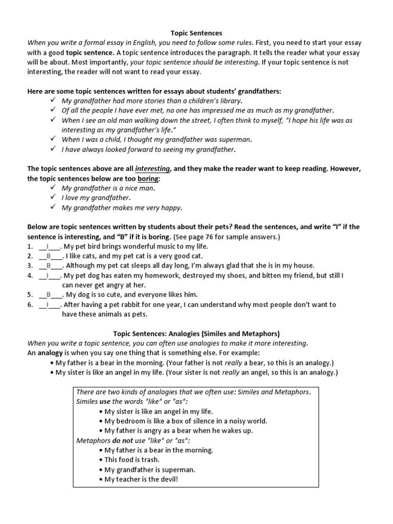Topic Sentence and Concluding Sentence Exercises | PDF | Essays | Metaphor