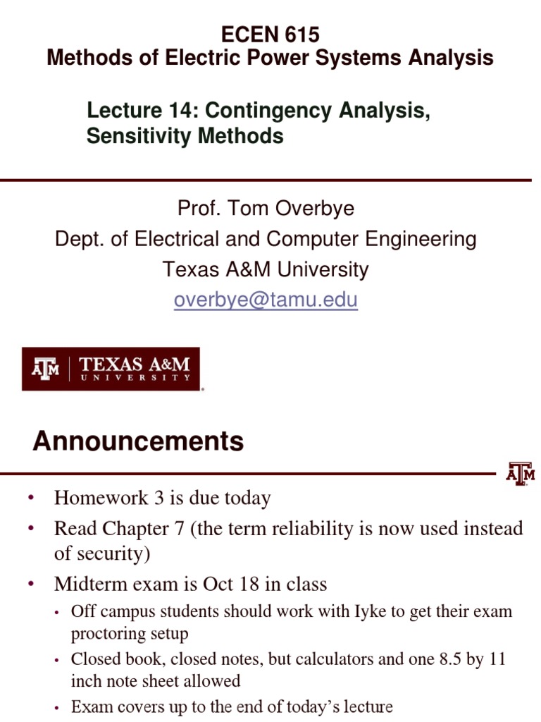 Lecture 14: Contingency Analysis, Sensitivity Methods | PDF | Electric ...