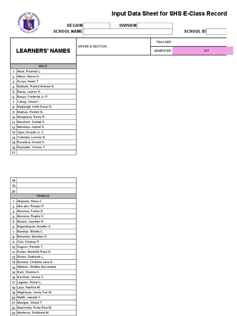 Learners' Names: Input Data Sheet For SHS E-Class Record | PDF