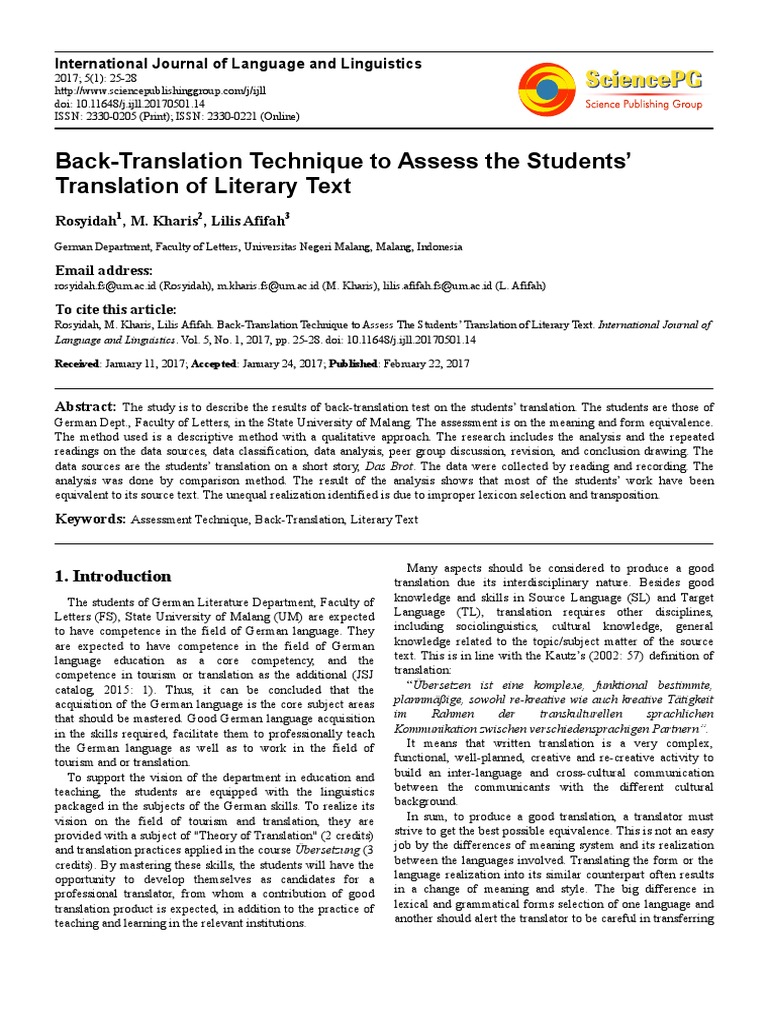 Back-Translation in Literary Assessment | PDF | Translations | Data ...