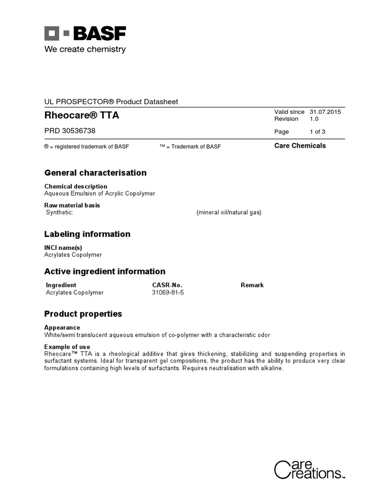 Rheocare TTA BASF PDF | PDF | Emulsion | Contractual Term