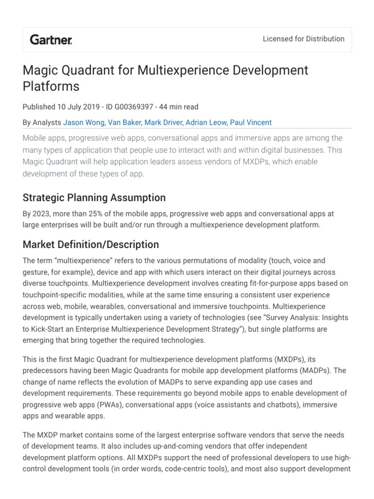 Gartner Reprint - Magic Quadrant For Multiexperience Development Platforms 2019 | PDF | Sap Se ...