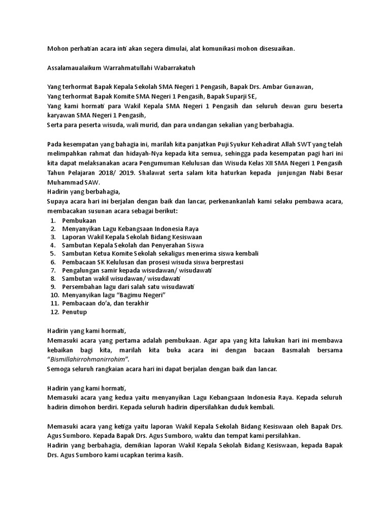Teks MC Acara Wisuda SMA 2019 | PDF