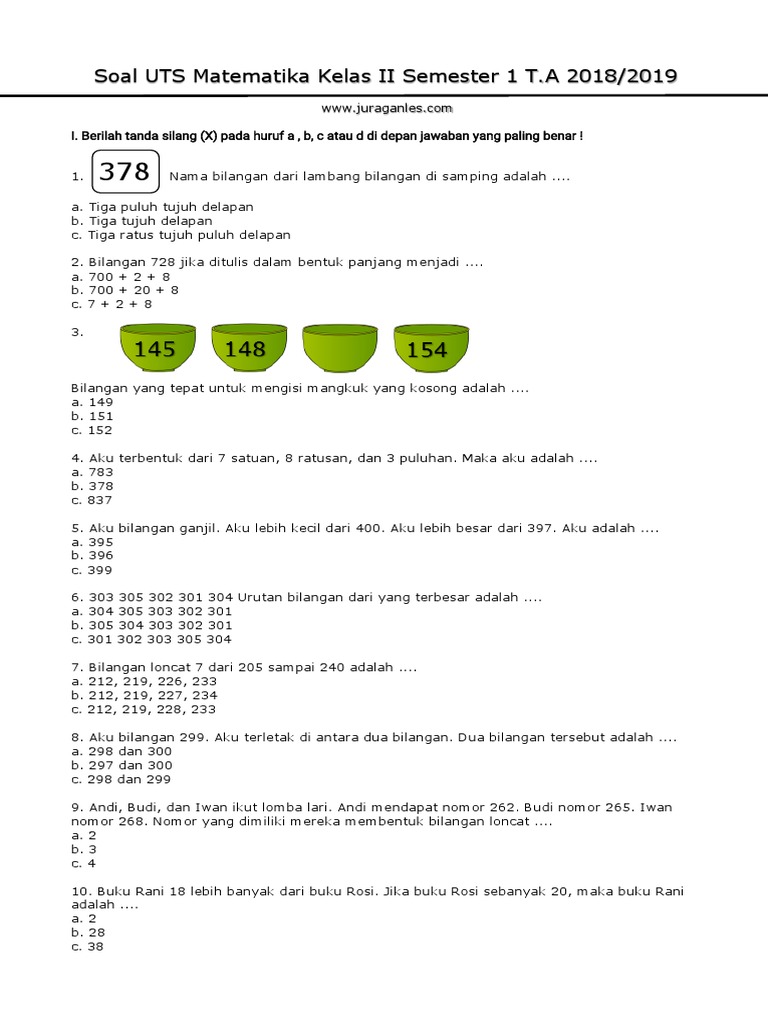 Soal UTS Matematika Kelas 2 Semester 1 Tahun Ajaran 2018-2019 | PDF