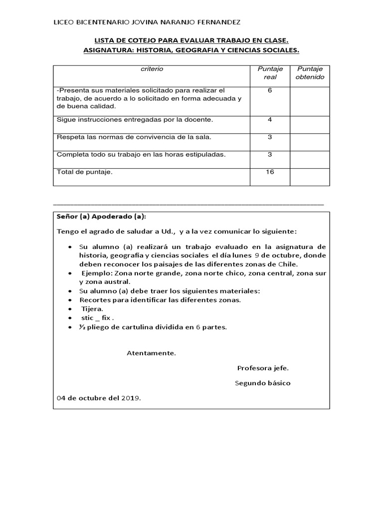 Lista de Cotejo para Evaluar Trabajo en Clase | PDF