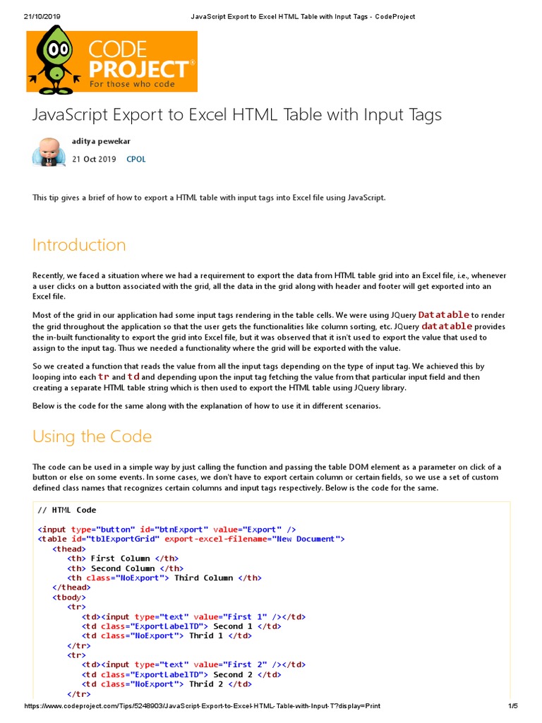 Javascript Export To Excel Html Table With Input Tags Codeproject Pdf Html Element J Query